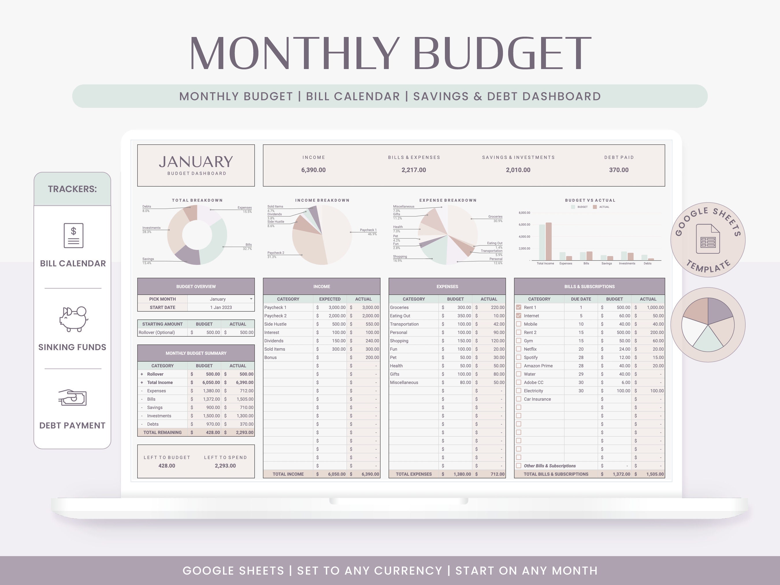 Monthly Budget Spreadsheet - Pastel | Google Sheets Budget Template ...