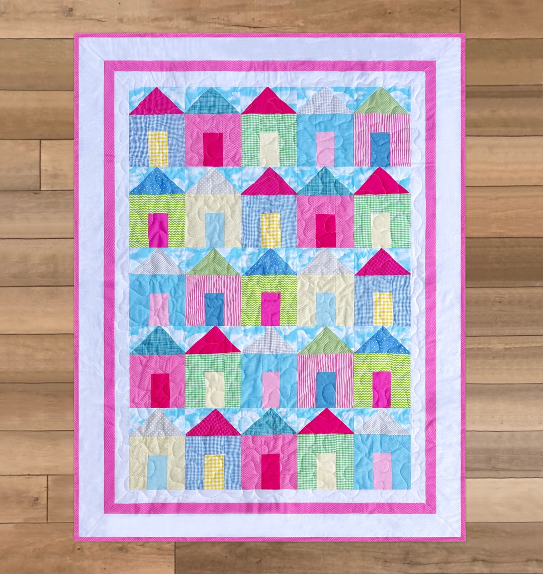 House Pattern Quilt, Woman's Lap Quilt, Large Lap Quilt, Bright Color ...