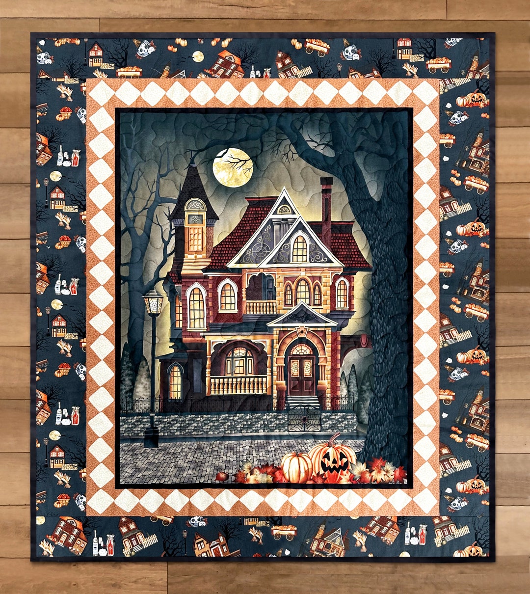 Halloween Quilt, Handmade Halloween Quilt, Haunted House Decoration ...