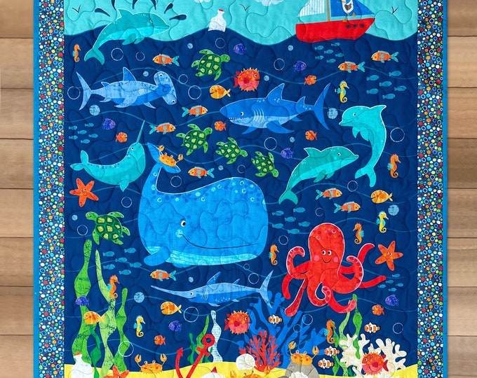 Ocean Animals Quilt, Handmade Ocean Theme Quilt, Ocean Nursery, Baby ...