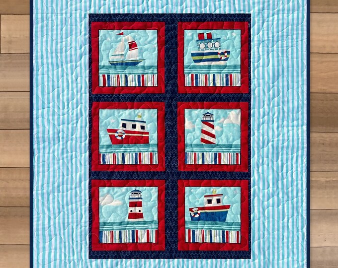 Blue Patchwork Quilt With Sailboats, Nautical Quilt, Nursery Bed Cover ...