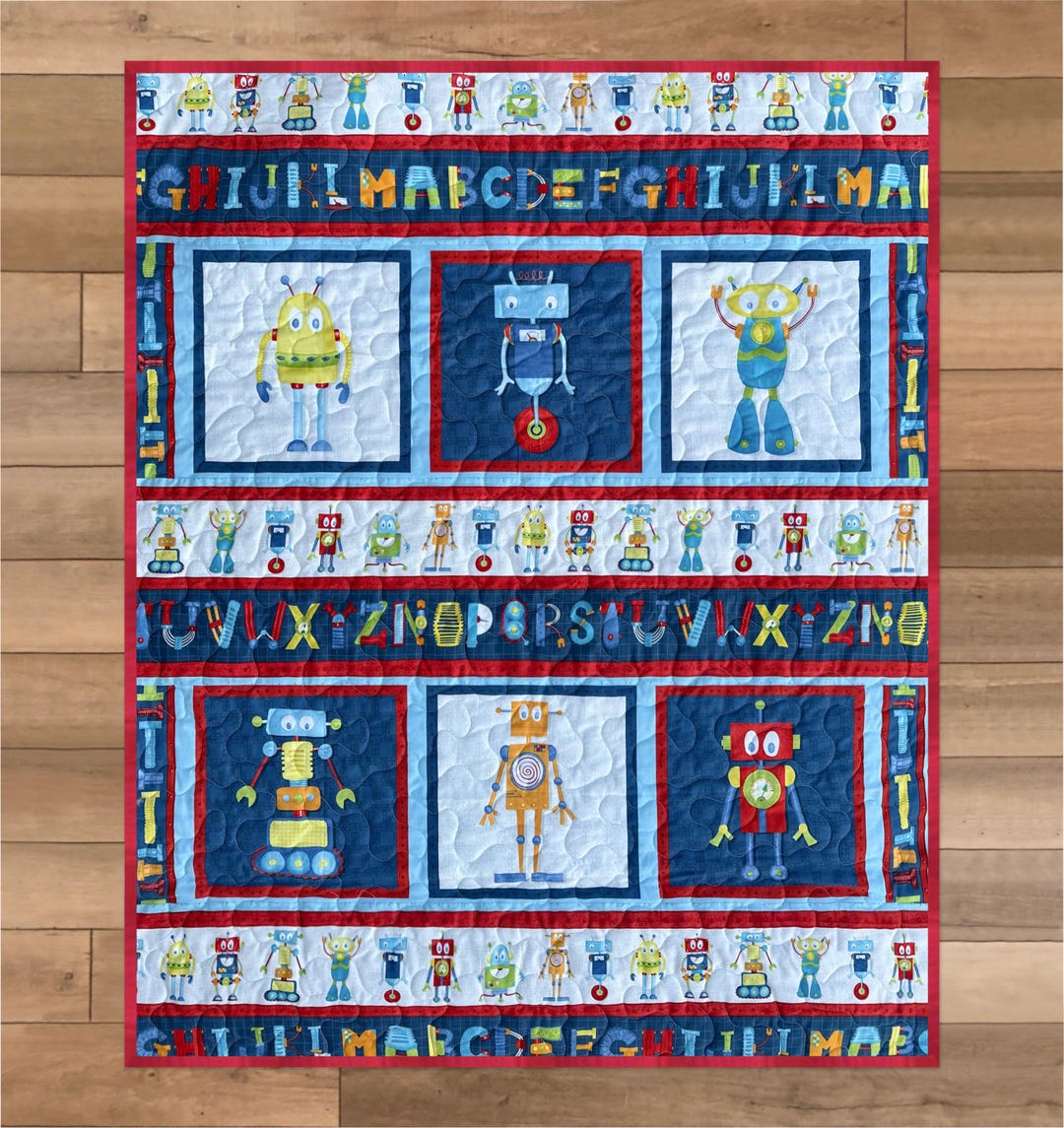 Handmade Robot Theme Quilt, Child's Robot Quilt, Robot Toddler Quilt ...