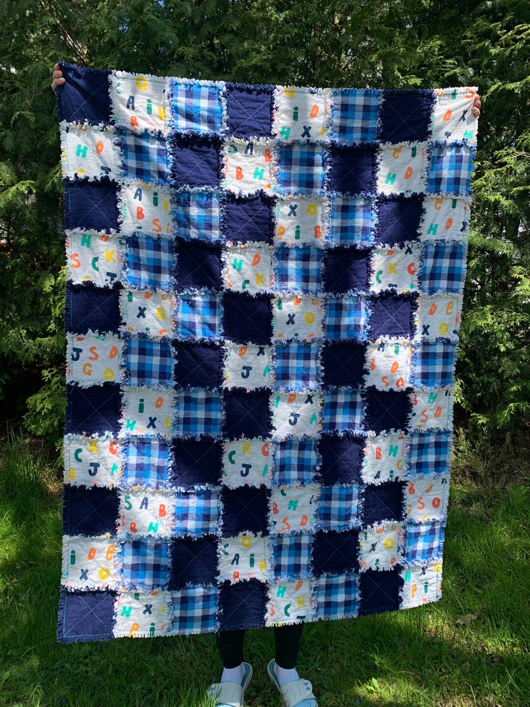 Navy, Gingham and Gray Abc’s Flannel Rag Quilt, Boys Rag Quilt, Boys ...