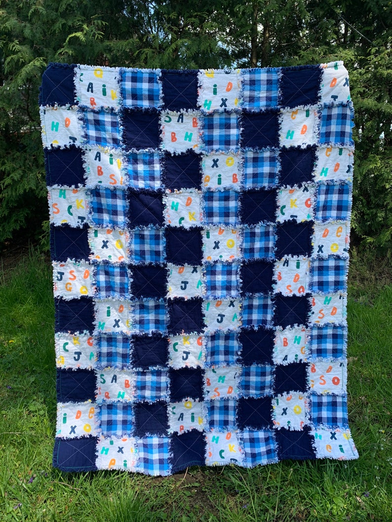 Navy, Gingham and Gray Abc’s Flannel Rag Quilt, Boys Rag Quilt, Boys ...