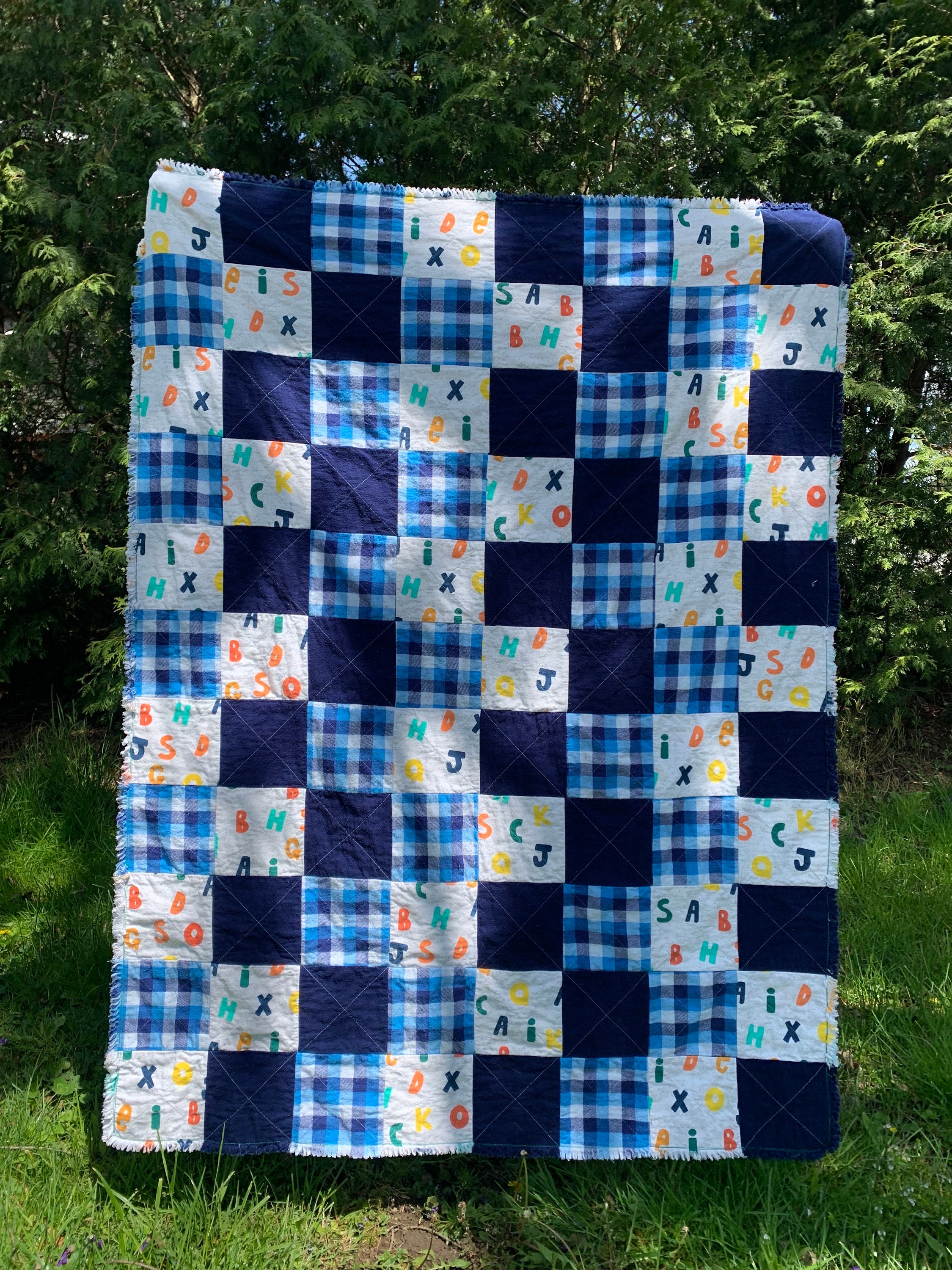Navy, Gingham and Gray Abc’s Flannel Rag Quilt, Boys Rag Quilt, Boys ...