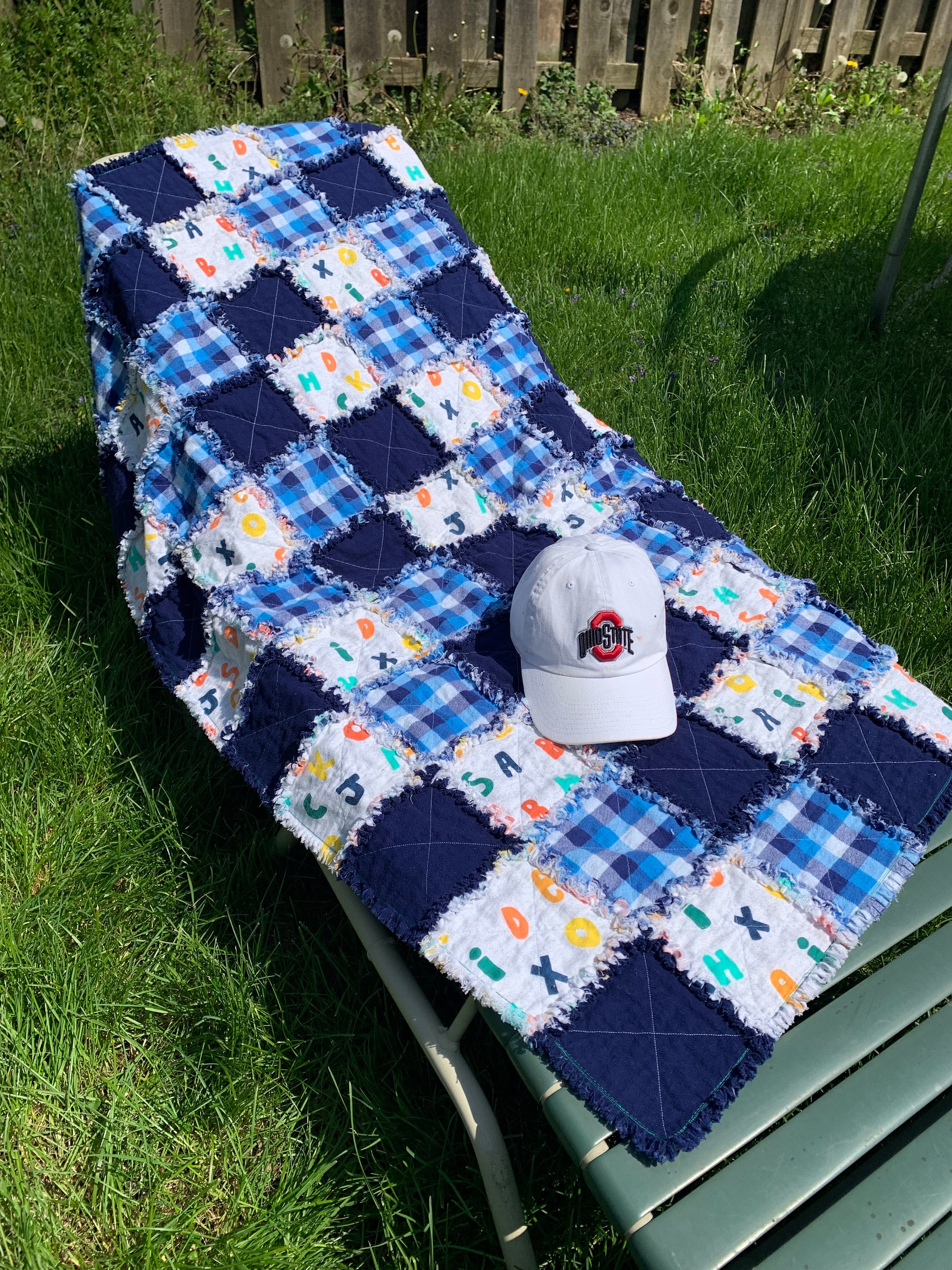 Navy, Gingham and Gray Abc’s Flannel Rag Quilt, Boys Rag Quilt, Boys Bedding, Toddler Bedding ...