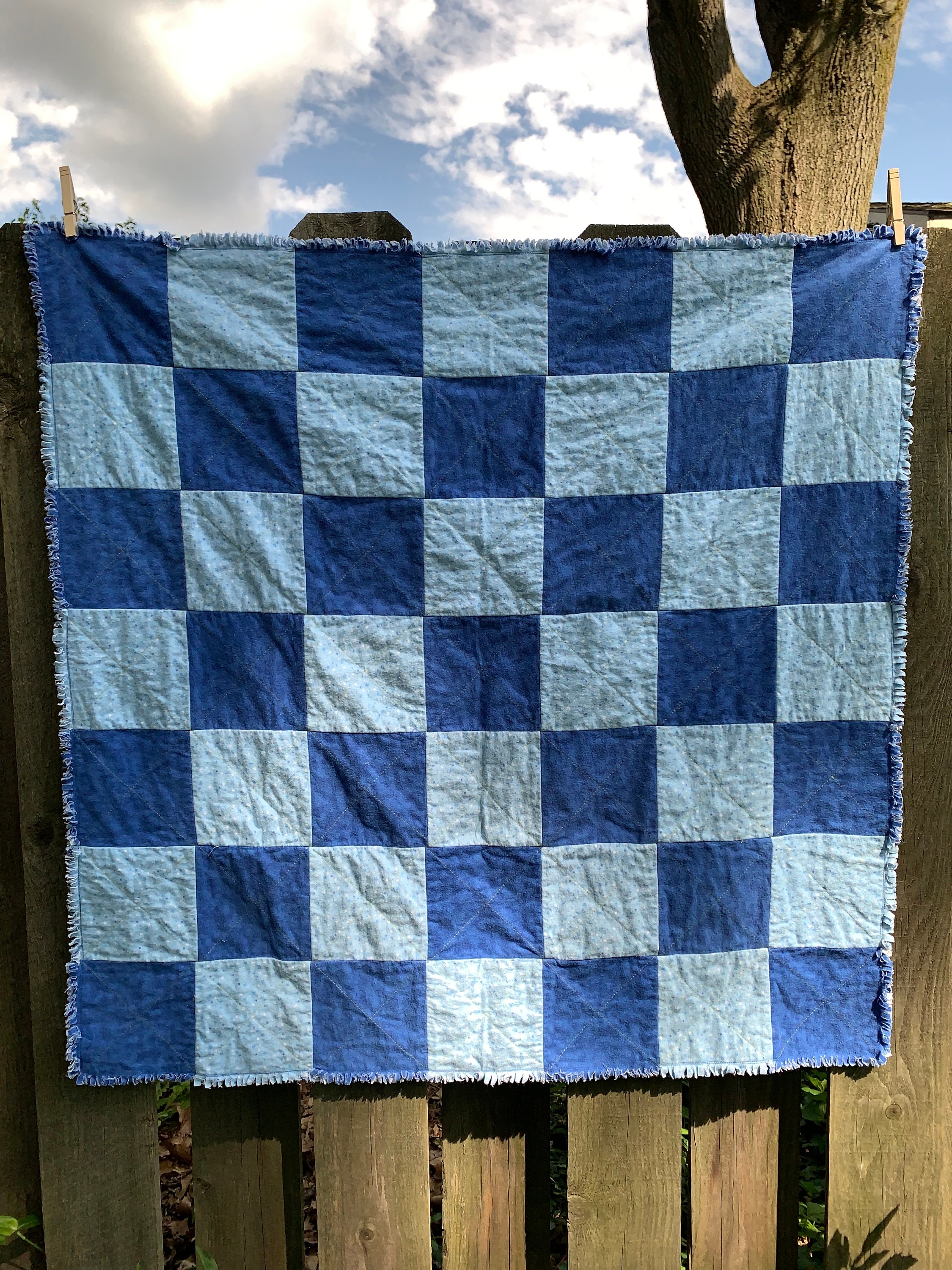 Light Blue With Stars Checkered Pattern Baby Rag Quilt, Rag Quilt, Crib ...