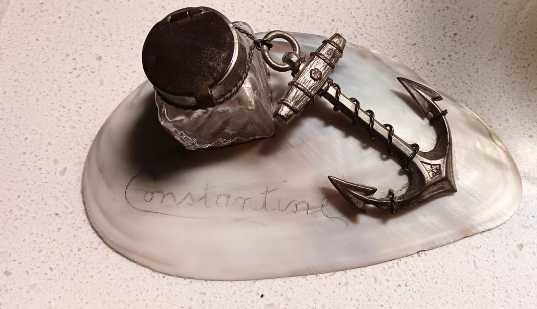 Vintage Inkwell Glass Inserted Onto Sea Shell With Decorative Anchor ...