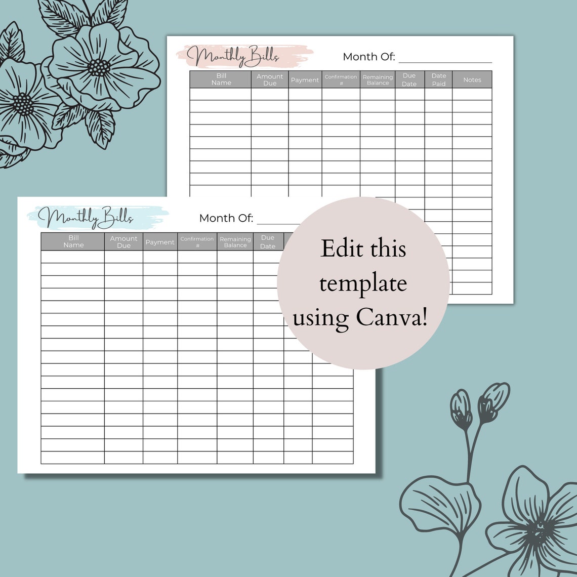 Monthly Bill Tracker Template | Editable Digital Bill Tracker | Monthly ...