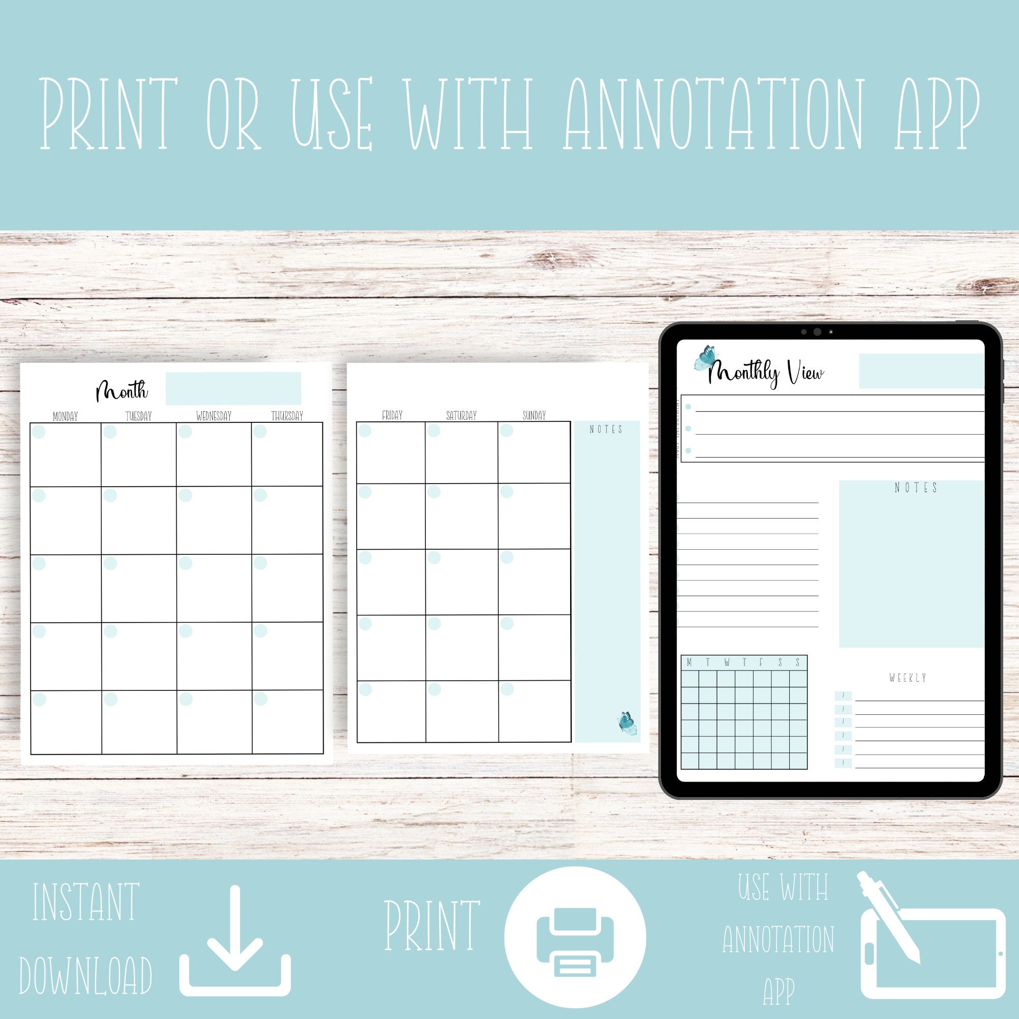 Blue Butterfly Planner Inserts: Blank, US Letter, A4, A5 (printable PDF ...