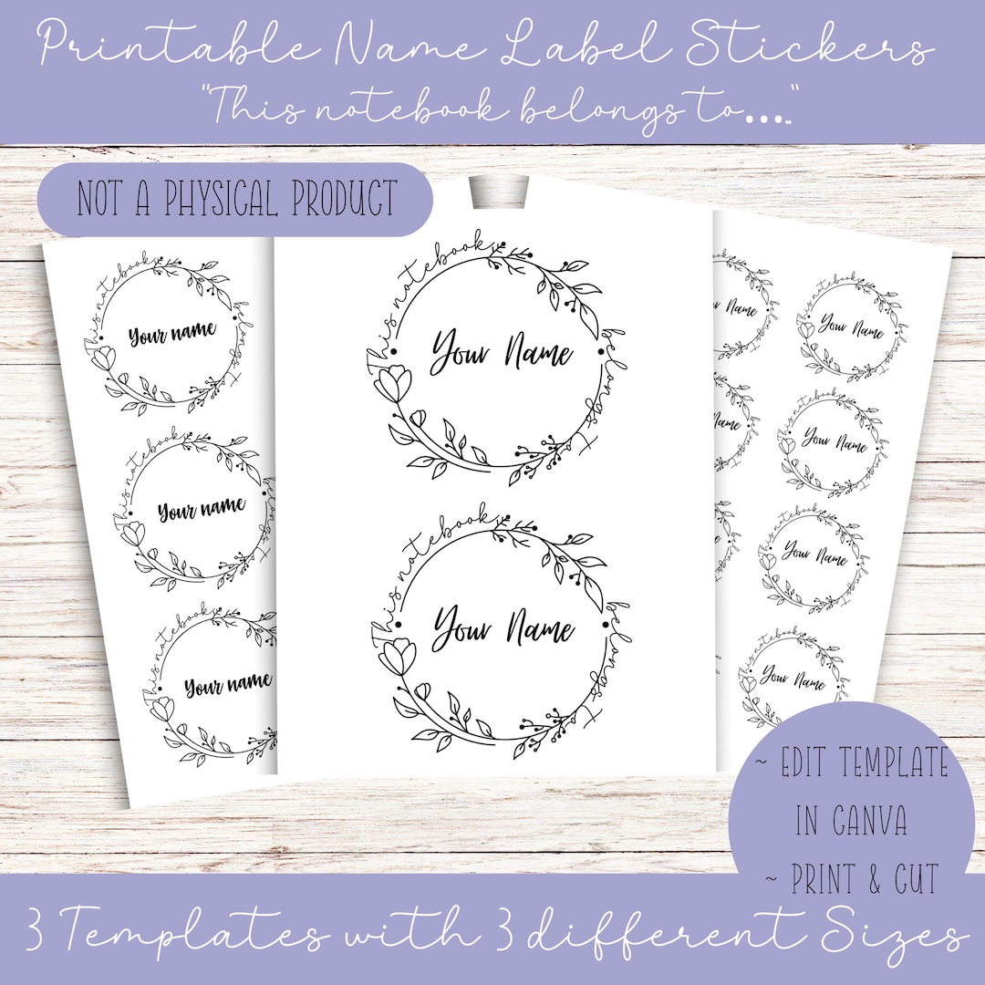 Printable Name Label Stickers, 3 Sizes, Black, This Notebook Belongs To ...