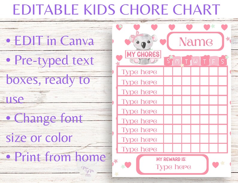 Editable Chore Chart in Canva Koala Chore Reward Chart - Etsy