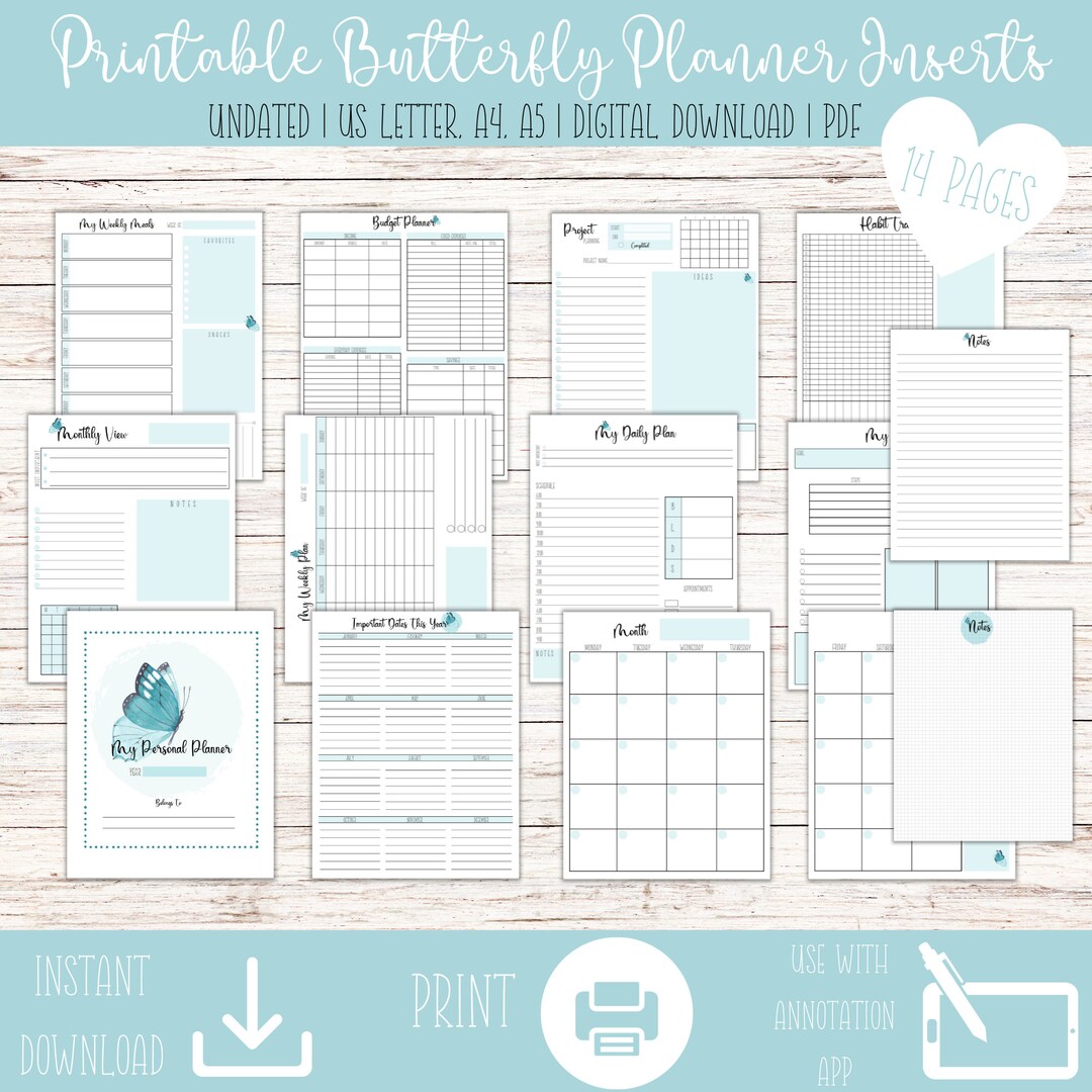 Printable Blue Butterfly Planner Inserts, Sizes: US Letter, A4, A5 ...