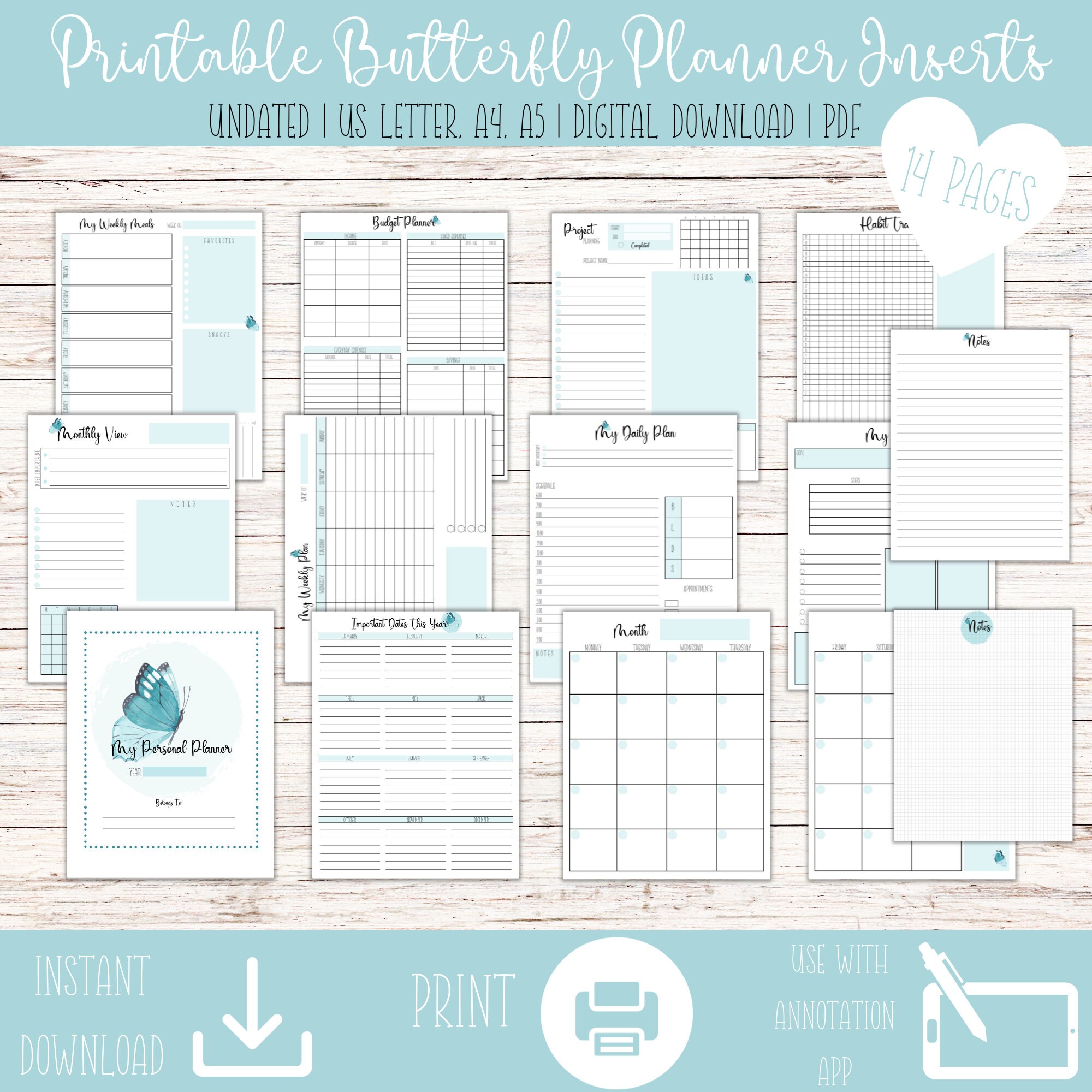 Printable Blue Butterfly Planner Inserts, Sizes: US Letter, A4, A5 ...