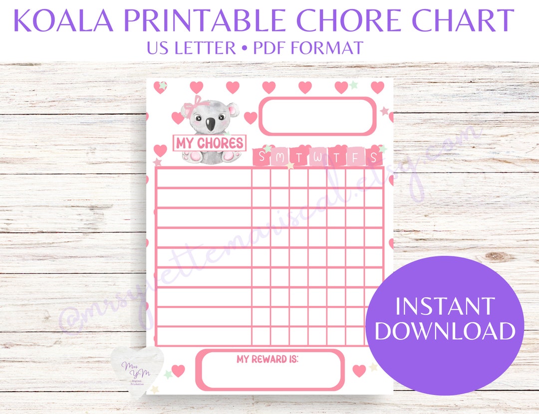 Kids Printable Chore Chart, Pink Koala Reward Chart, Instant Download ...