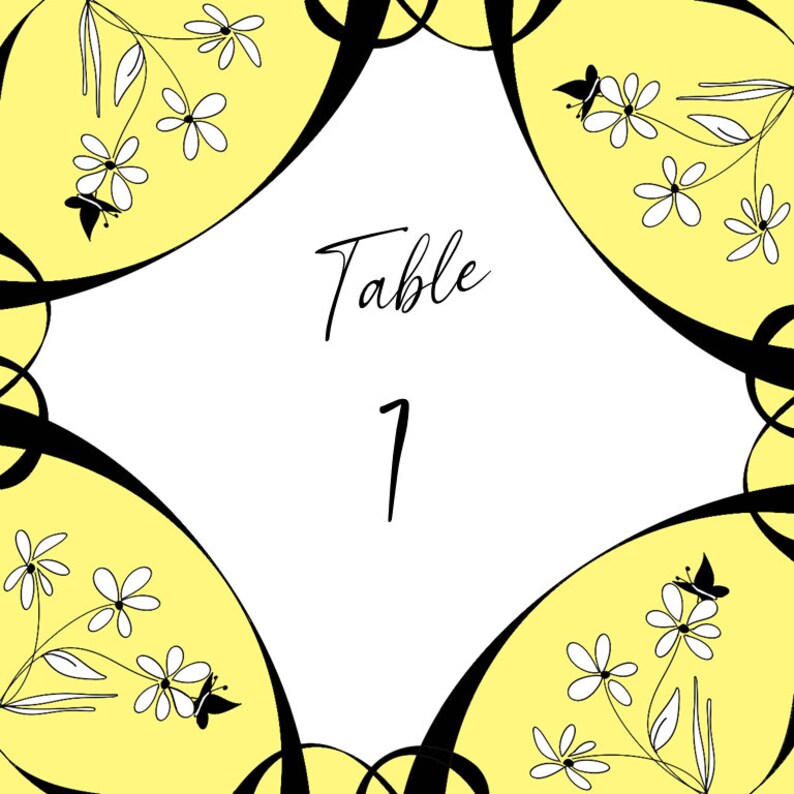 Wedding Table Numbers, Spring, Flowers, Black and Yellow, Square, 4 X 4 ...