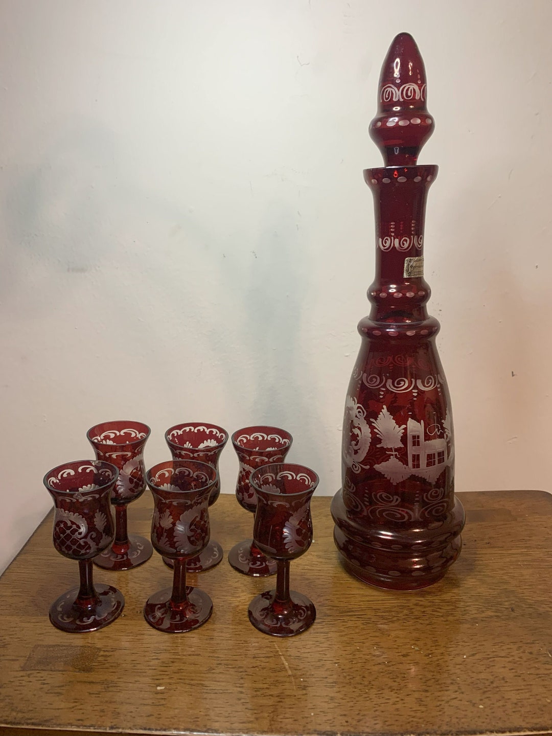 Rare Vintage Bohemian Etched Ruby Red Glass Decanter and 6 Cups ...