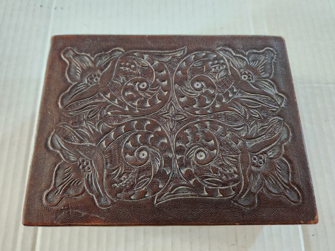 Small Brown Distressed Tooled Leather Trinket Box. Suede Lined. - Etsy