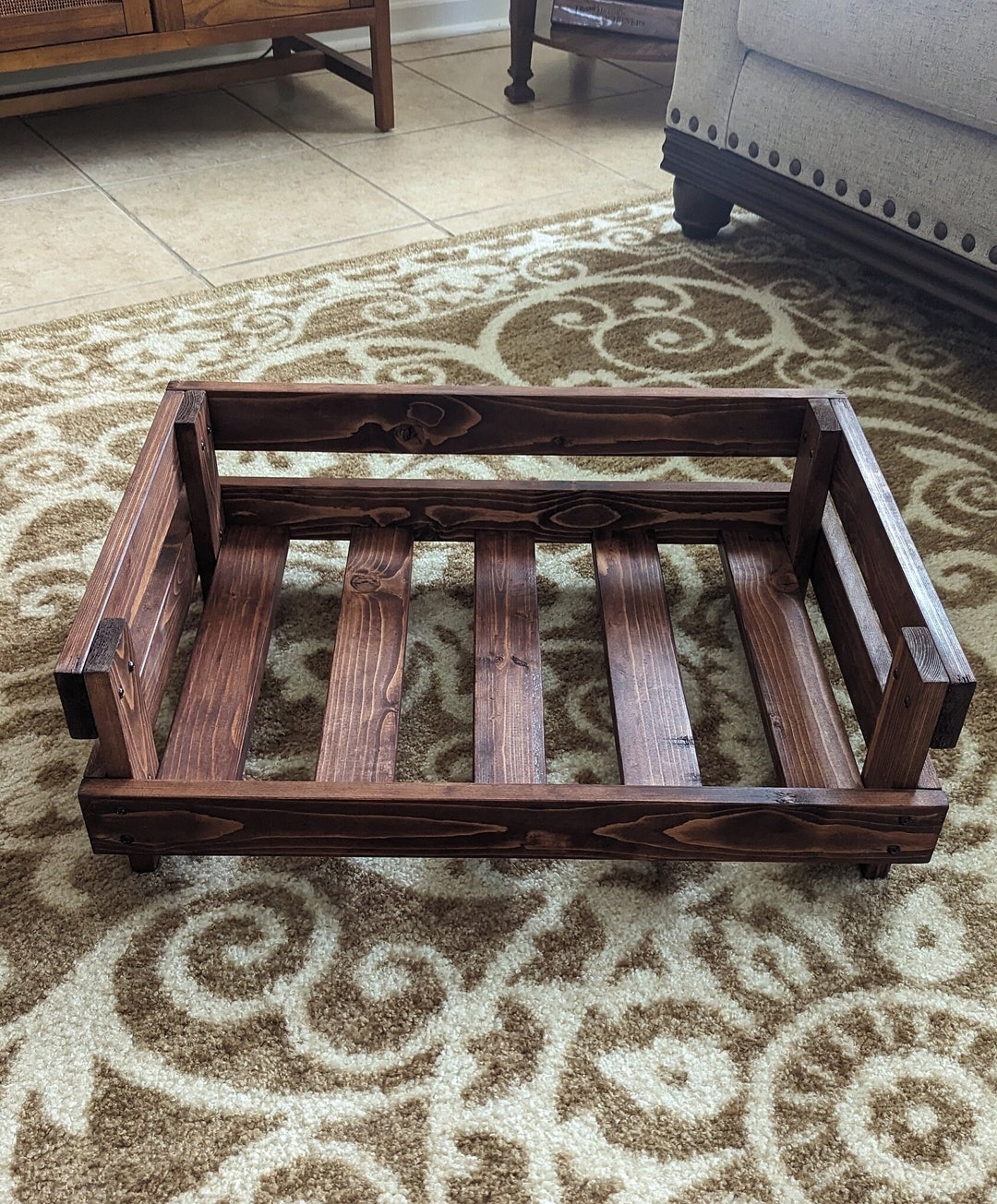 Handcrafted Small Wooden Dog Bed Frame | Mahogany Stain, Elevated Pet ...