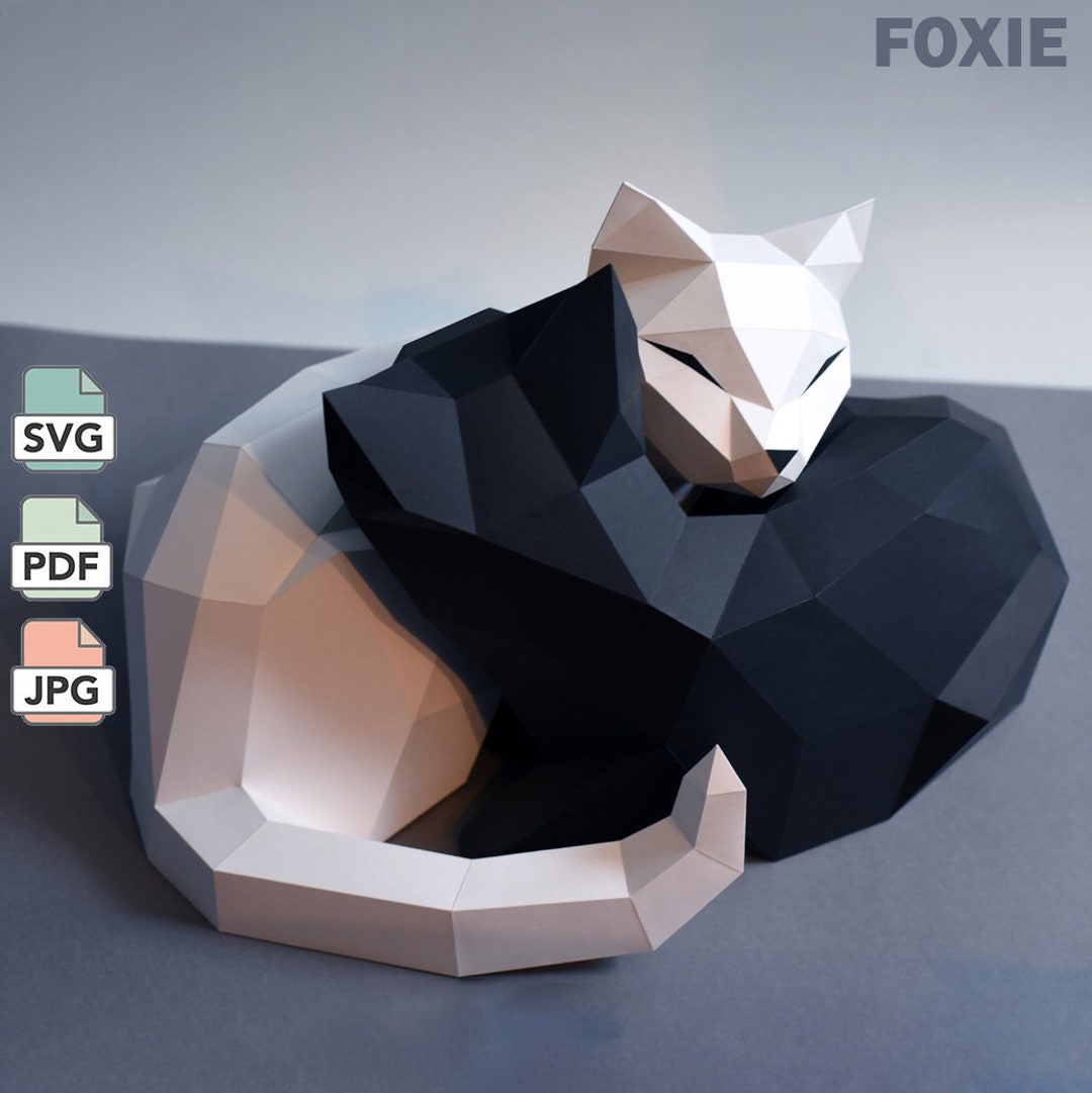 Yin Yang Cats Papercraft Template in SVG, PDF & JPG Formats, Low Poly ...