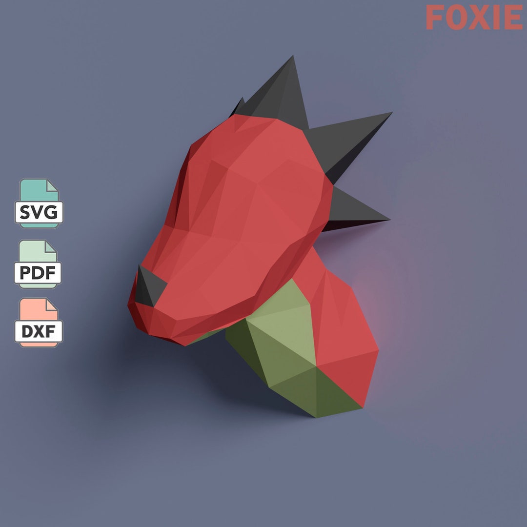 Dragon Head Papercraft Template in SVG, DXF & PDF Formats, 3d Low Poly ...