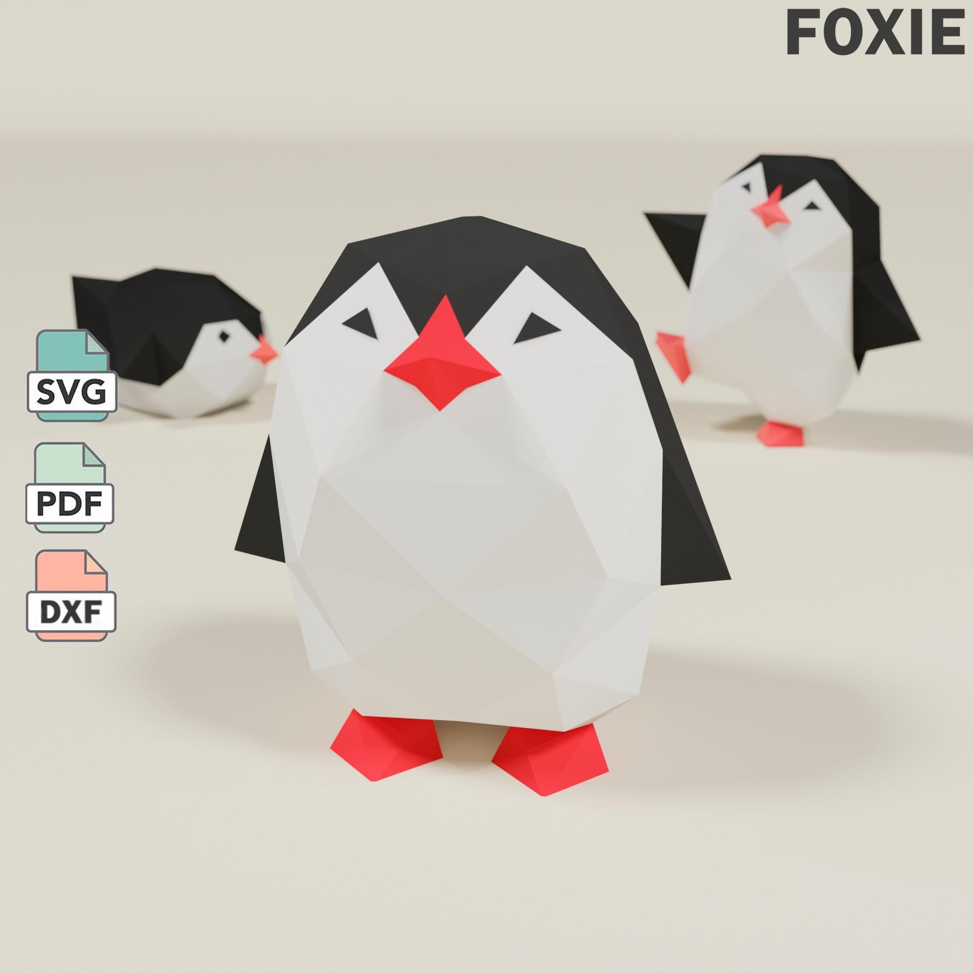 Standing Penguin Papercraft Template in SVG, DXF & PDF Formats, 3D Low ...