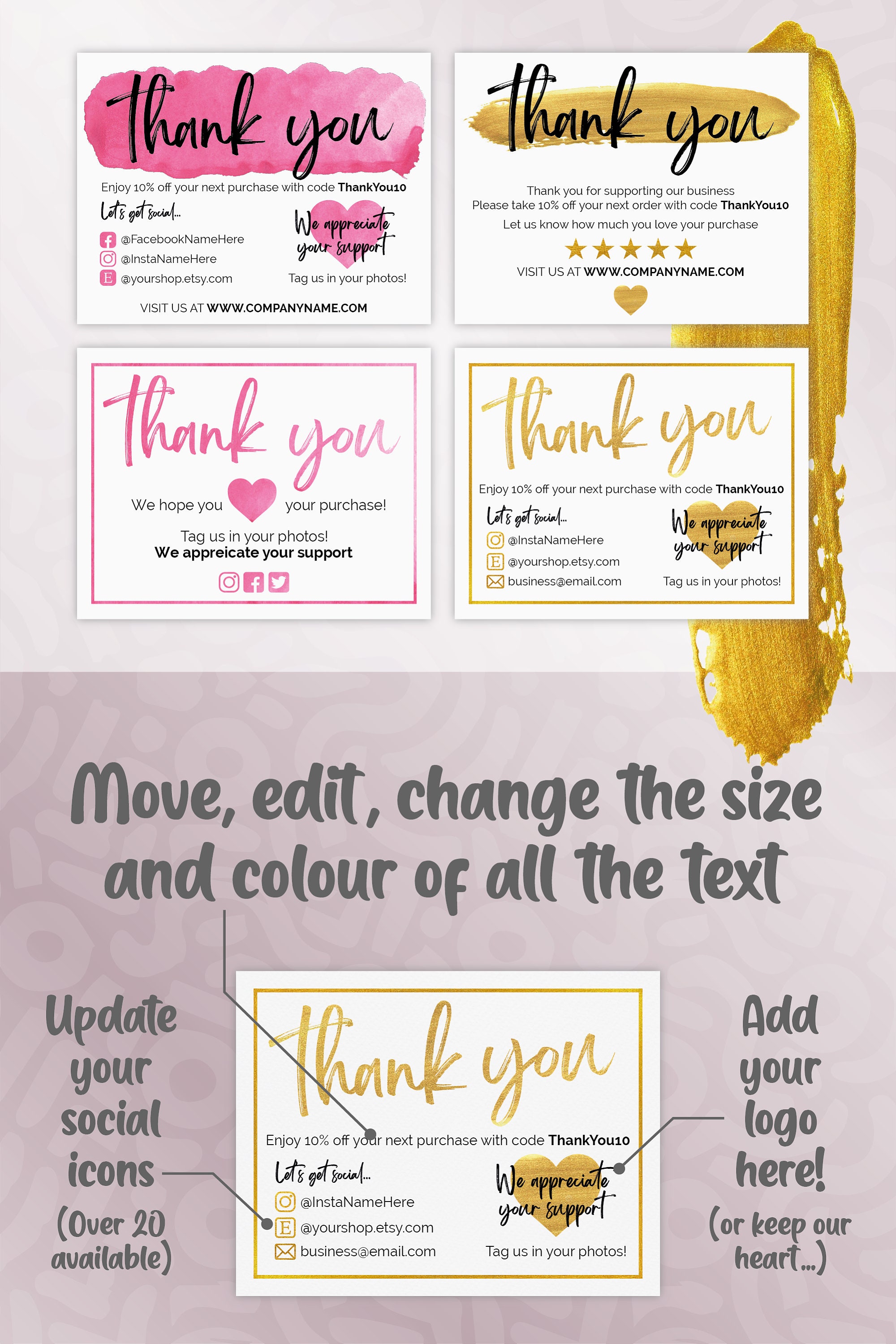Editable 'thank You' Cards for Your Business. BABY PINK & GOLD Modern ...