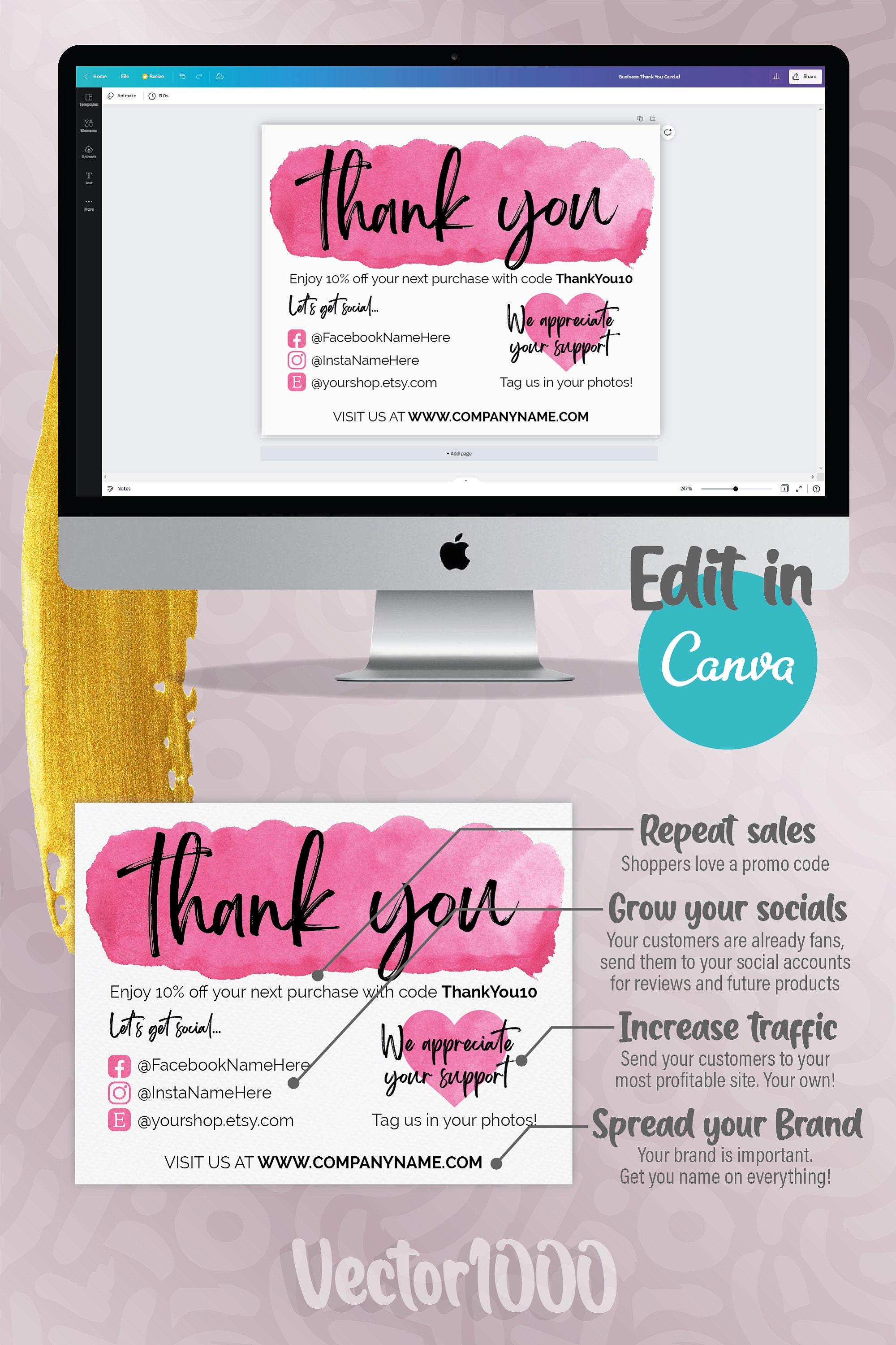 Editable 'thank You' Cards for Your Business. BABY PINK & GOLD Modern ...