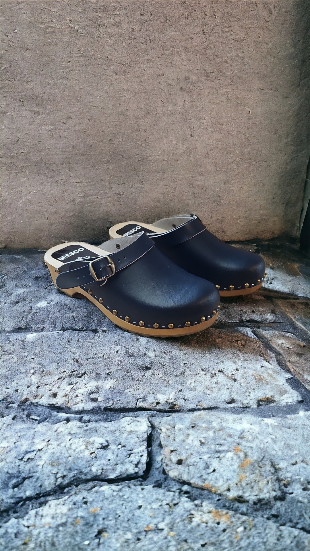 Swedish Wooden Clogs With Closed Toe With Buckle From Navy Real Leather ...