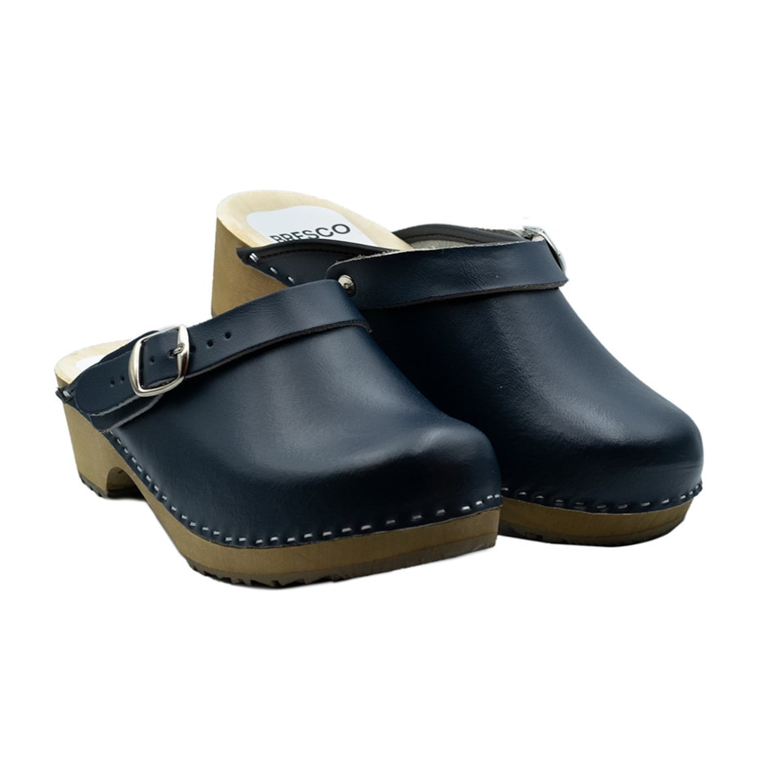Swedish Wooden Clogs With Closed Toe With Buckle From Navy Real Leather ...