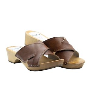 Wooden Clogs With Open Toe Made of Natural Leather in Antic Brown and ...