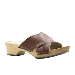 Wooden Clogs With Open Toe Made of Natural Leather in Antic Brown and ...