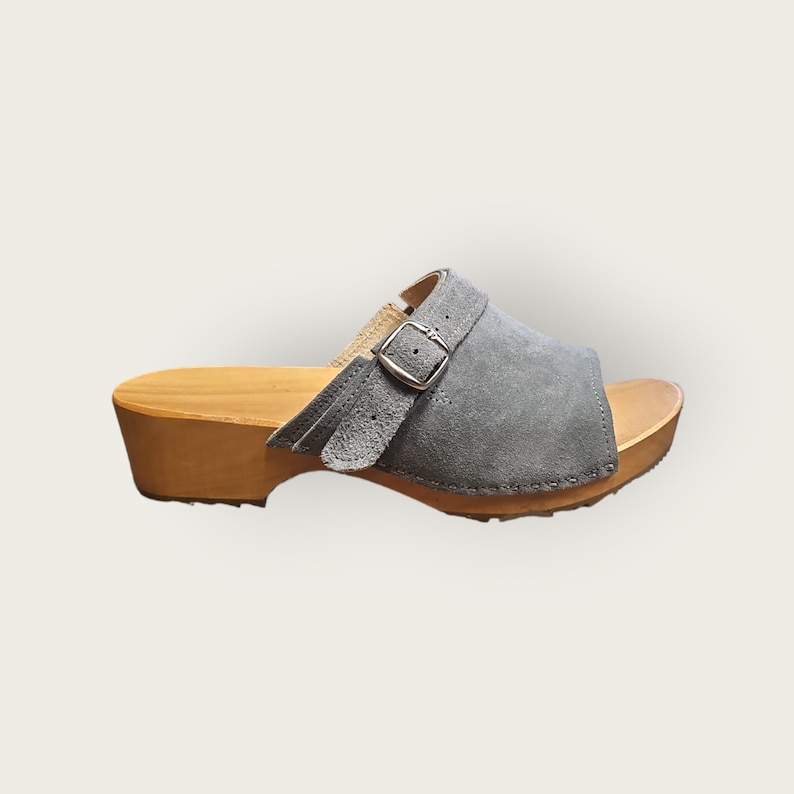 Swedish Wooden Clogs: Gray Suede Open Toe Mules With Buckle - Etsy