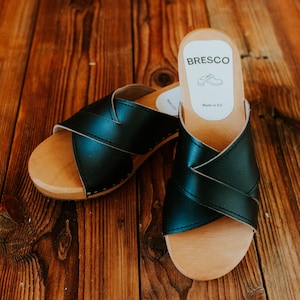 Lightweight Open Toe Wooden Clogs Featuring Black Upper Natural Leather ...