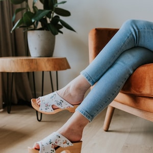 Wooden Clogs With Open Toe Made of Natural Leather in Flowers White and ...