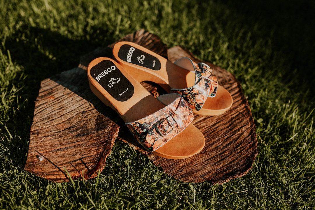 Wooden Clogs With Open Toe Made of Natural Leather in Flower Orange and ...
