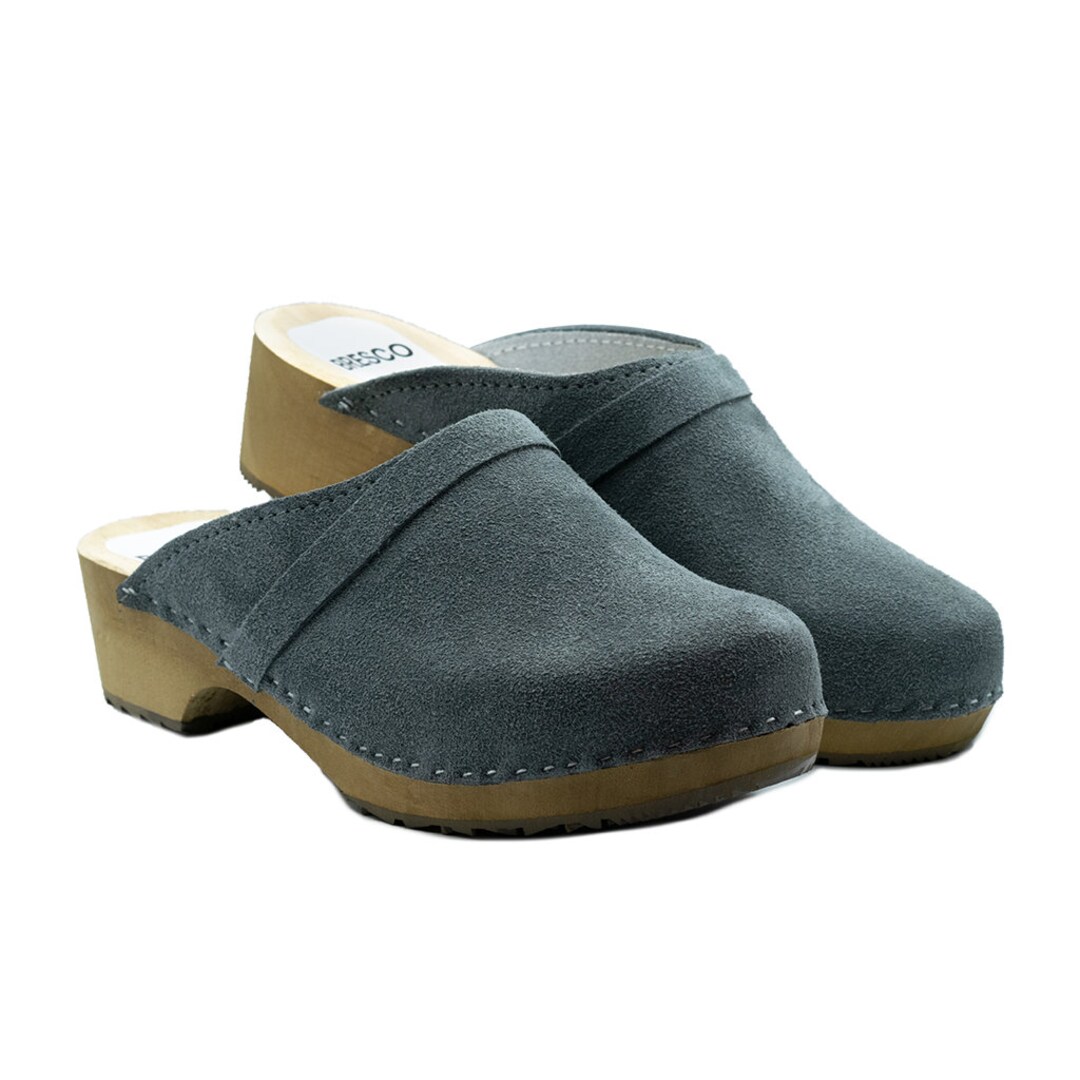 Swedish Wooden Clogs: Gray Suede Leather, Decorative Stripe - Etsy
