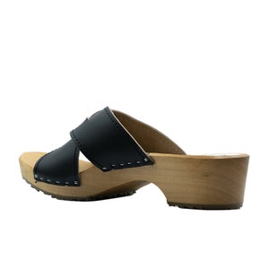 Lightweight Open Toe Wooden Clogs Featuring Black Upper Natural Leather ...