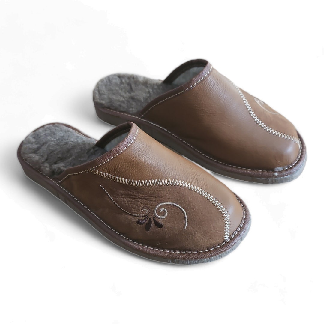 Handmade Leather Slippers: Brown Wool-lined House Shoes With Flower ...