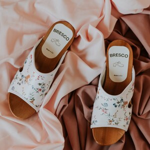 Wooden Clogs With Open Toe Made of Natural Leather in Flowers White and ...