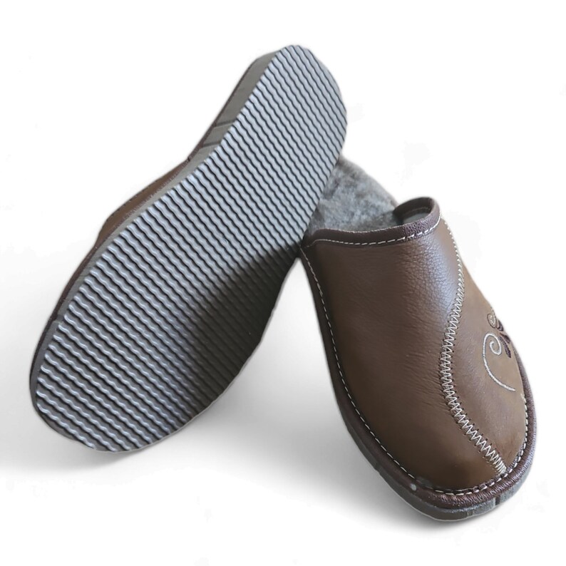 Handmade Leather Slippers: Brown Wool-lined House Shoes With Flower ...