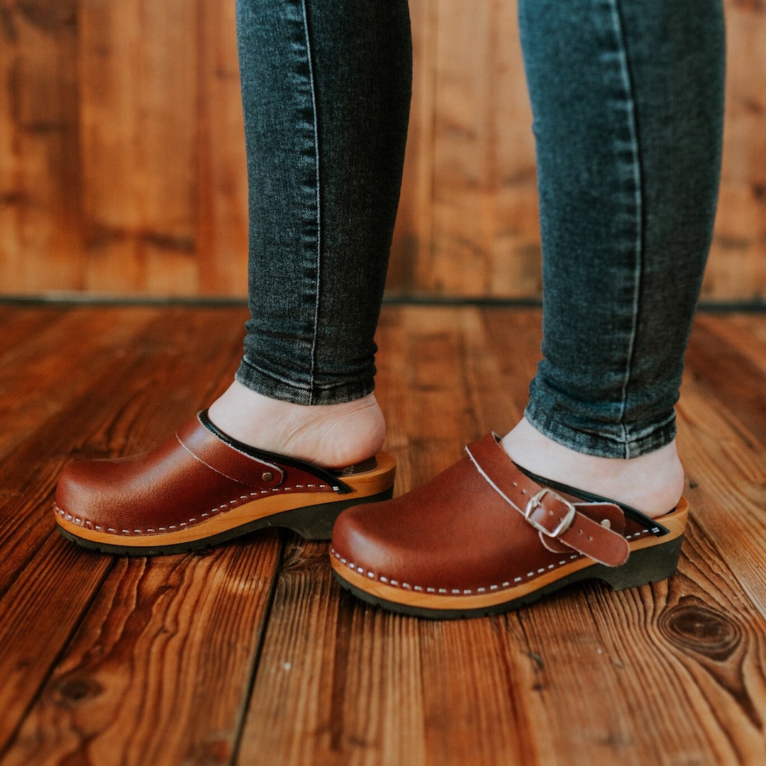 Swedish Wooden Clogs With Buckle From Antic Brown Real Leather and ...