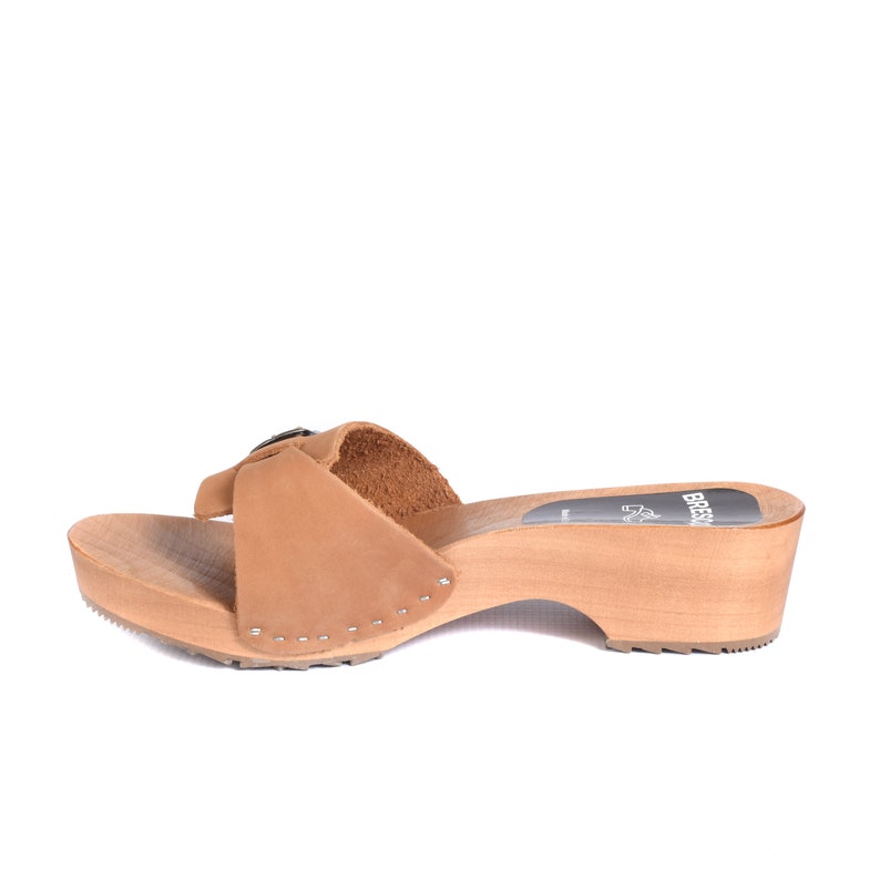 Cognac Leather Wooden Clogs: Open Toe Buckle Sandals - Etsy