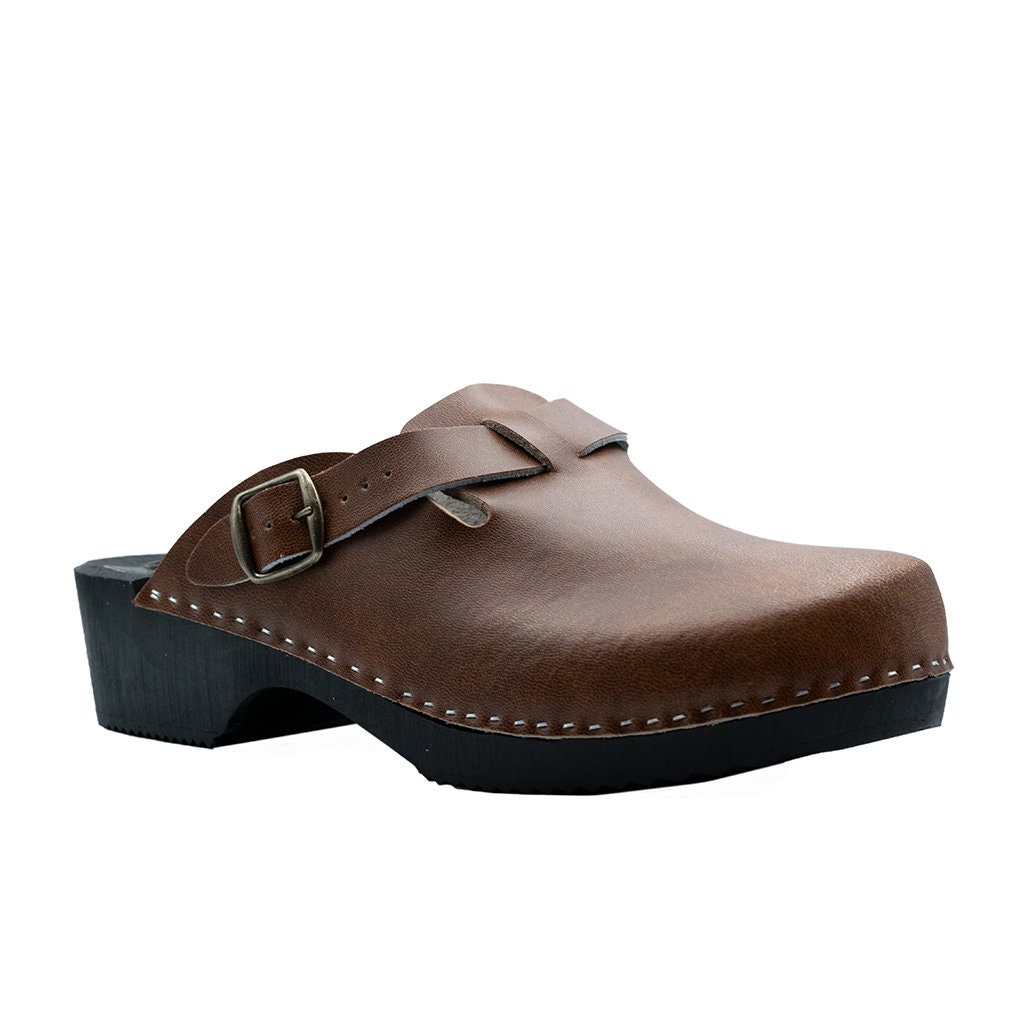 Swedish Brown Wooden Clogs With Buckle From Brown Real Leather and ...