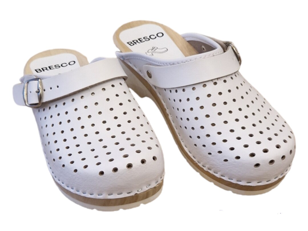 White Wooden Clogs for Women With Perforated Uppers From Leather and ...