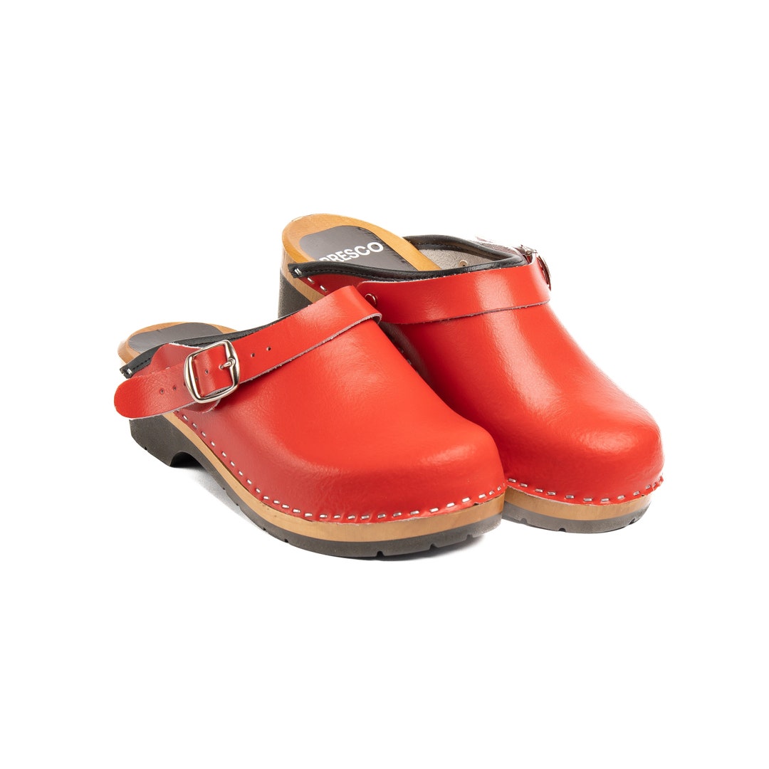 Swedish Wooden Clogs With Buckle From Red Real Leather and Alder Wood ...