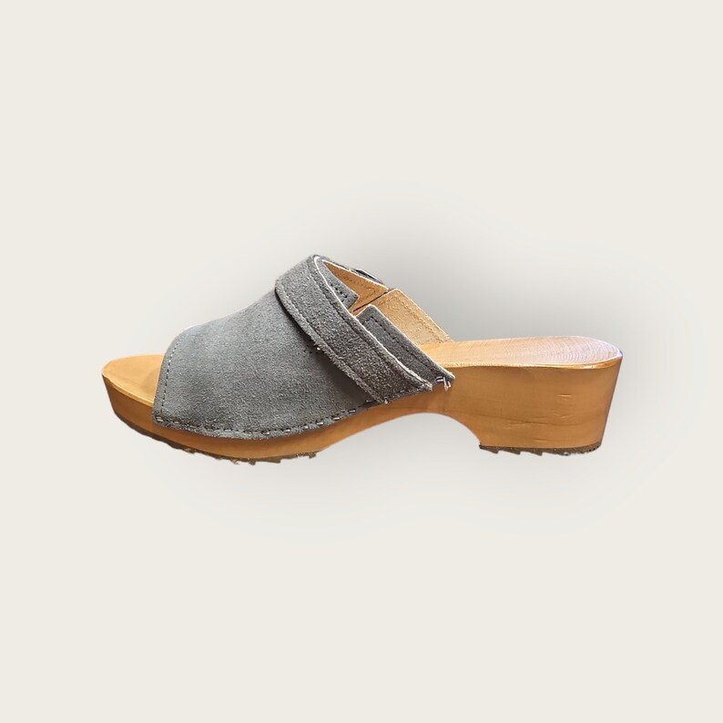 Swedish Wooden Clogs: Gray Suede Open Toe Mules With Buckle - Etsy