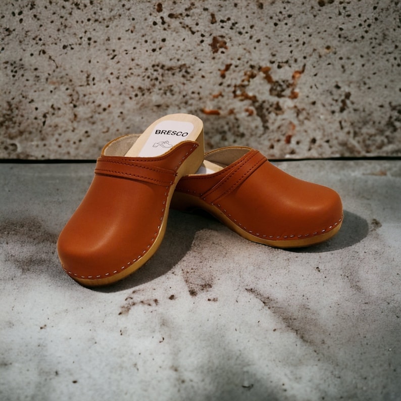 Wooden Clogs With Decorative Stripe and Brown Vegan Leather and Real ...