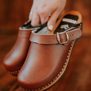 Swedish Wooden Clogs With Buckle From Antic Brown Real Leather and ...