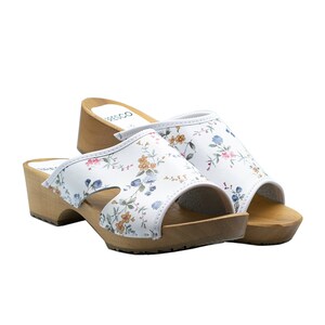 Wooden Clogs With Open Toe Made of Natural Leather in Flowers White and ...